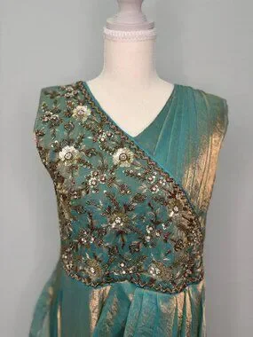 Dresses | Girls Teal Blue Draped Saree Gown Embellished Party Wear ...